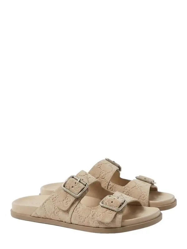 Gucci Double Buckled Slip-on Sandals With Embossed Gg - Oatmeal
