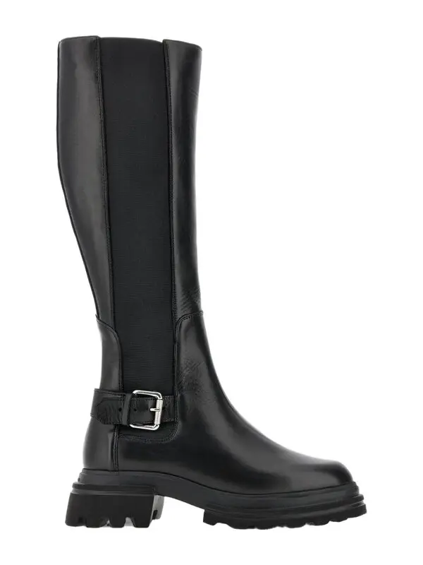 Hogan Knee-high Leather Boots With Buckle Detailing - Black
