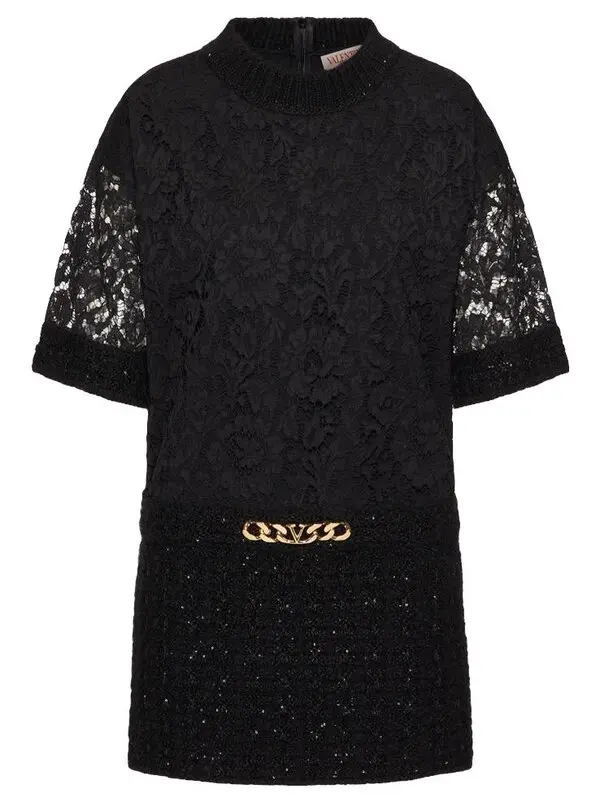 Valentino Garavani Vlogo Chain Embellished Lace Dress - Black