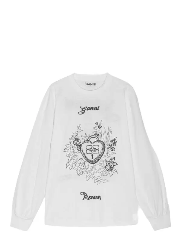 GANNI Re-cut Heavy Long Sleeve T-shirt With Graphic Print - White