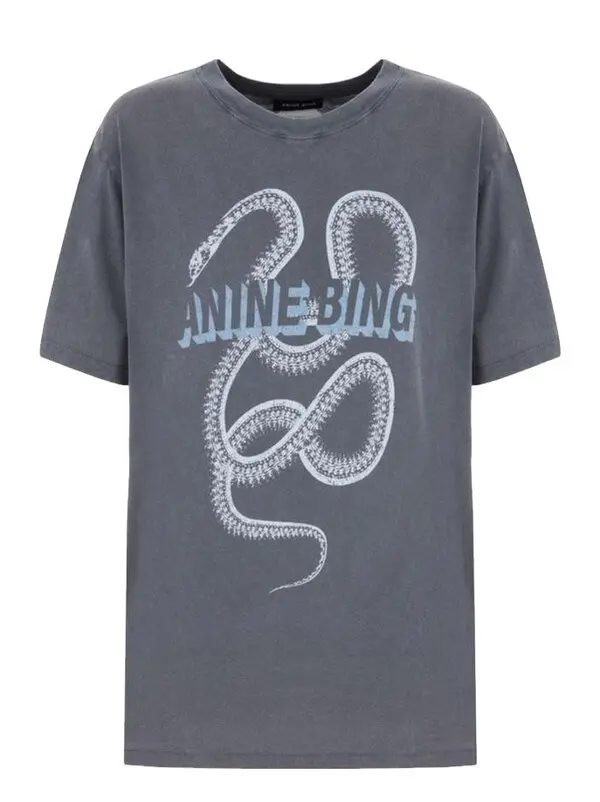 ANINE BING Snake Graphic T-shirt - Water-washed Black