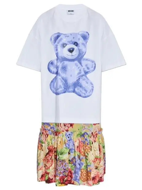 Moschino Round Neck Dress With Teddy Bear Graphic And Floral Skirt - Multi-color