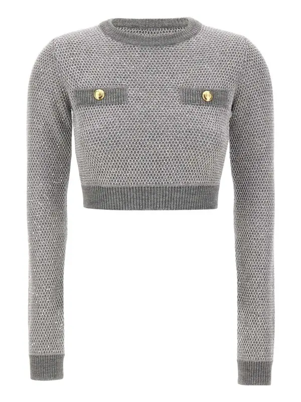 Elisabetta Franchi Sequined Knit Top With Jewel Buttons - Gray