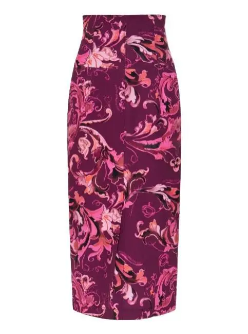 Versace Midi Skirt With Baroque Floral Print And Slit - Red
