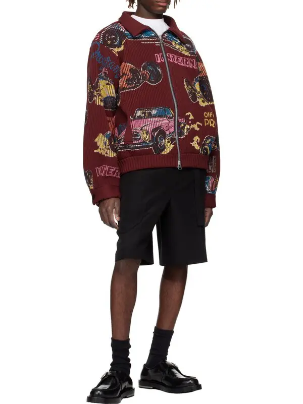 Sacai Racing Pattern Zippered Knitted Cardigan - Bordeaux