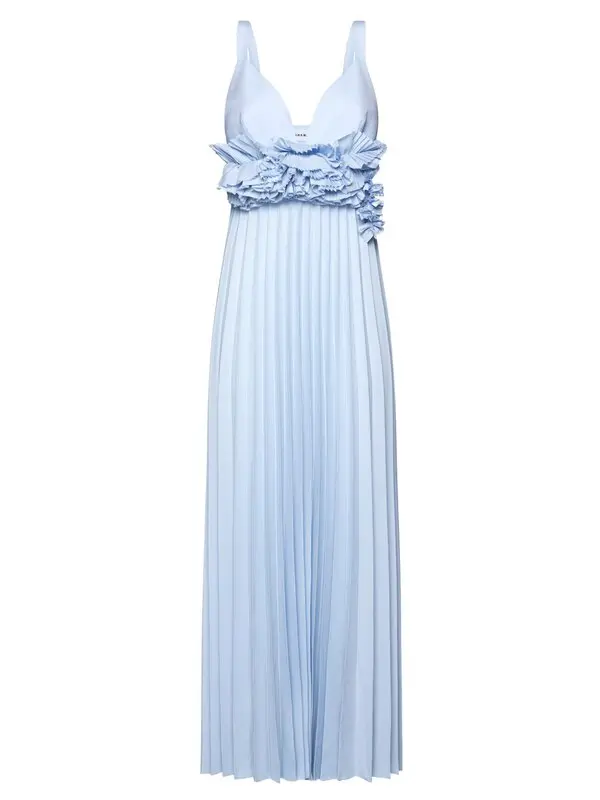 P.a.r.o.s.h Sleeveless Floral Appliqué Pleated Gown - Blue