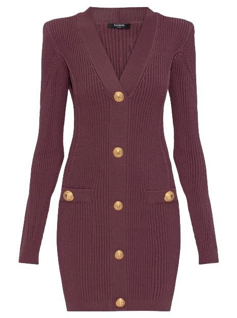 Balmain V-neck Ribbed Knit Mini Dress - Red
