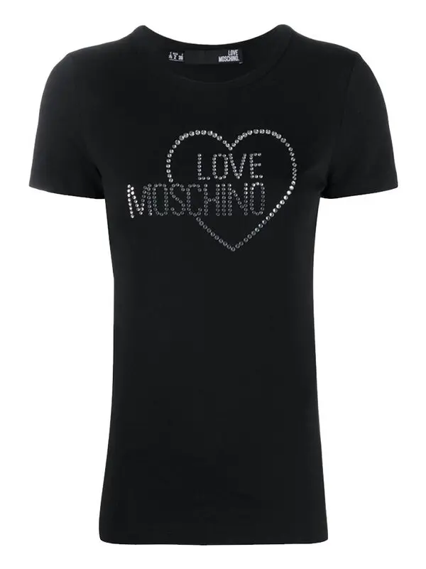 Moschino Round Neck Short Sleeve T-shirt With Embellished Heart Logo - Black