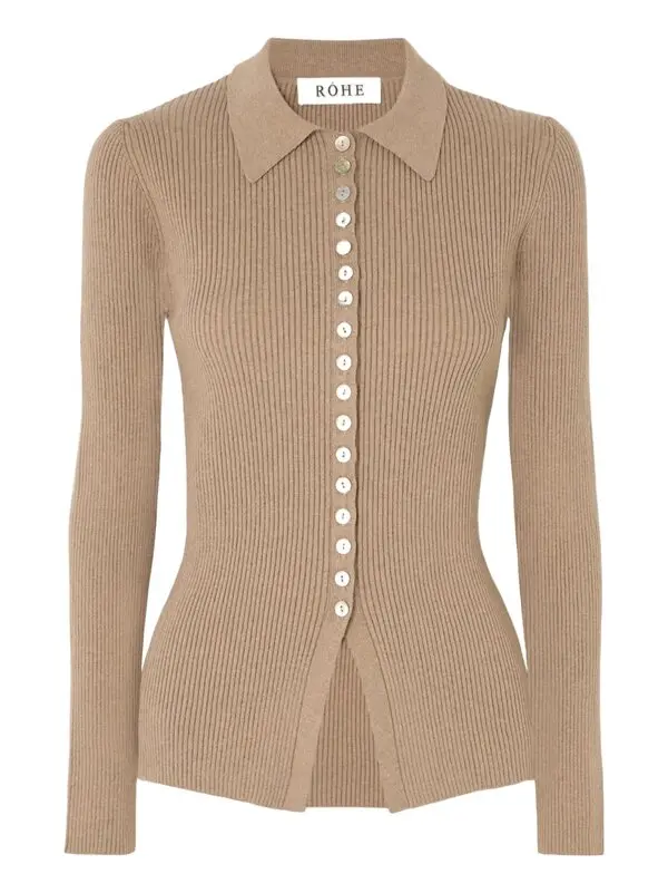 RÓHE Ribbed Knit Cardigan With Collared Neckline - Taupe