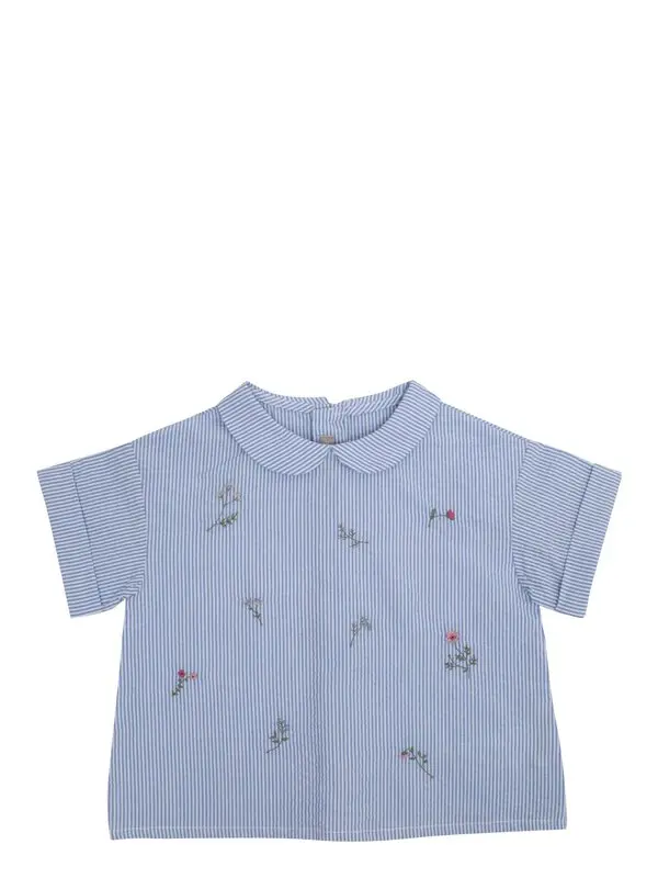 IL GUFO Floral Embroidered Short Sleeve Blouse - Blue