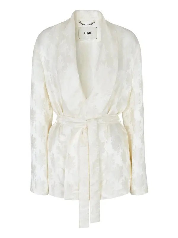 Fendi Floral Motif Silk Jacquard Wrap Jacket - White