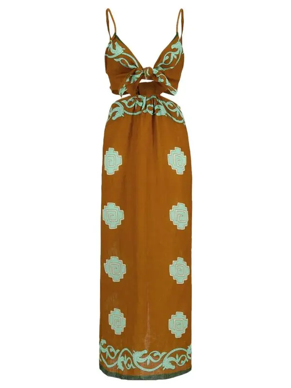Johanna Ortiz V-neck Maxi Dress With Cutout Waist And Open Back - Camel, Mint