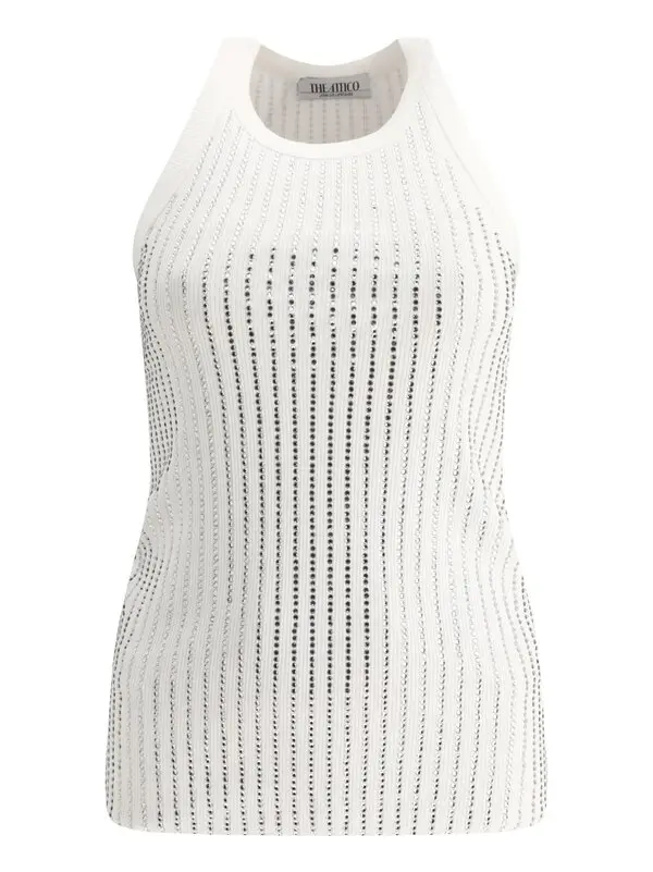 Attico Embellished Ribbed Tank Top - White/crystal
