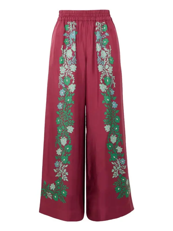 La DoubleJ Floral Printed Silk Twill Wide-leg Trousers - Wine Red