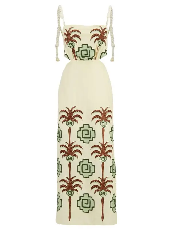 Johanna Ortiz Sleeveless Cut-out Maxi Dress With Palm Tree Embroidery - Beige, Chocolate, Green