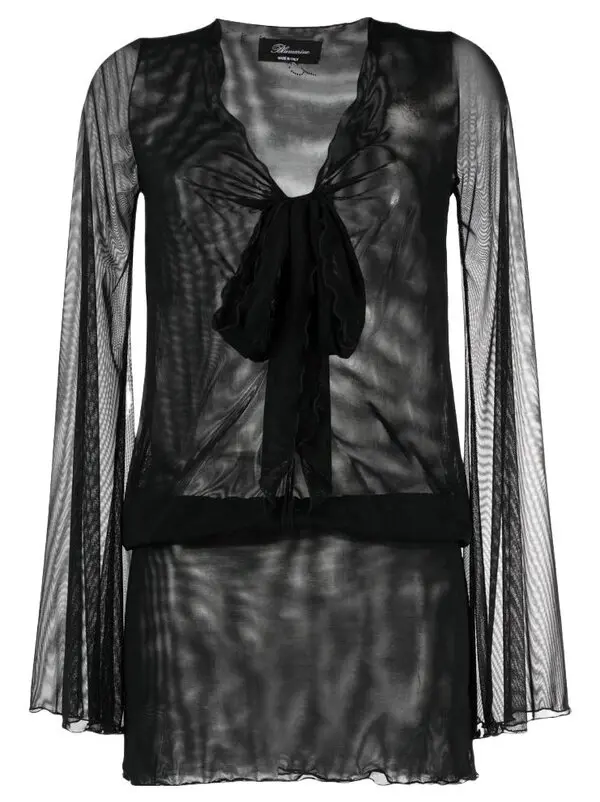 Blumarine Sheer V-neck Front-tie Mini Dress - Black