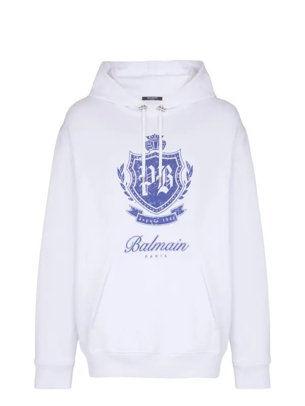 Balmain College Emblem Printed Drawstring Hoodie - White