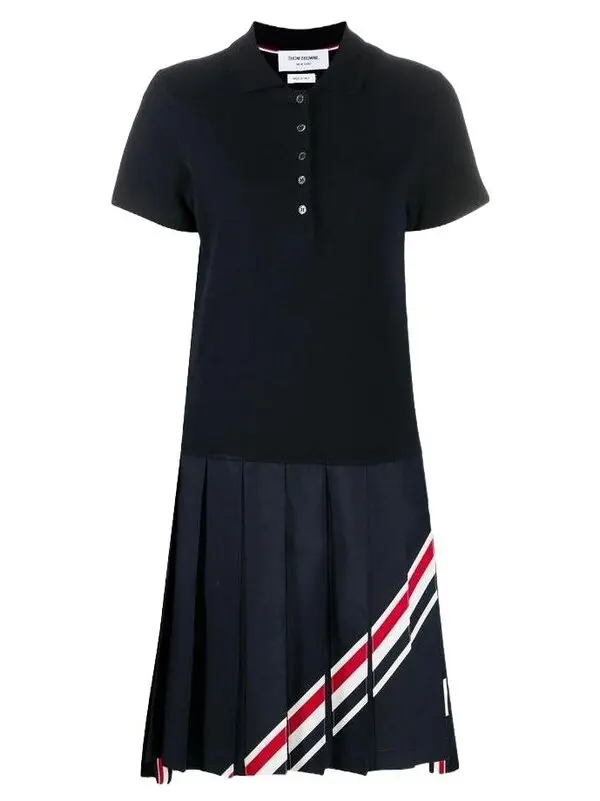 Thom Browne Rwb Stripe Pleated Polo Dress - Navy Blue
