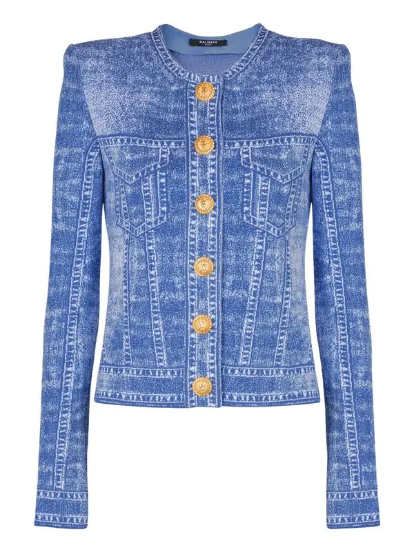Balmain Denim Effect Jacquard Knit Cardigan - Blue