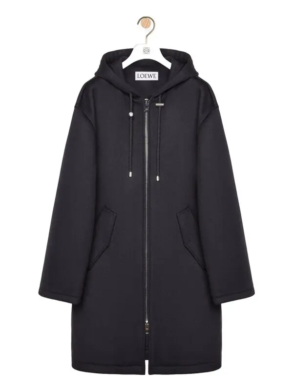 Loewe Hooded Wool Coat With Anagram Patch - Deep Navy Blue