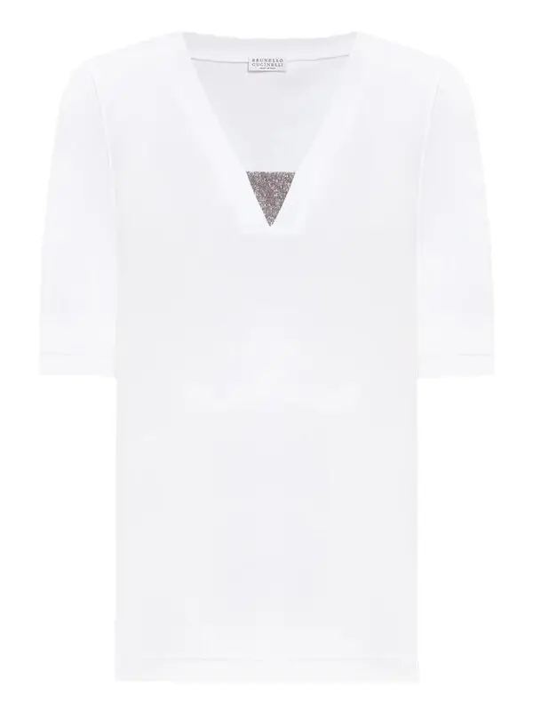 Brunello Cucinelli V-neck Short Sleeve T-shirt With Beaded Detail - White