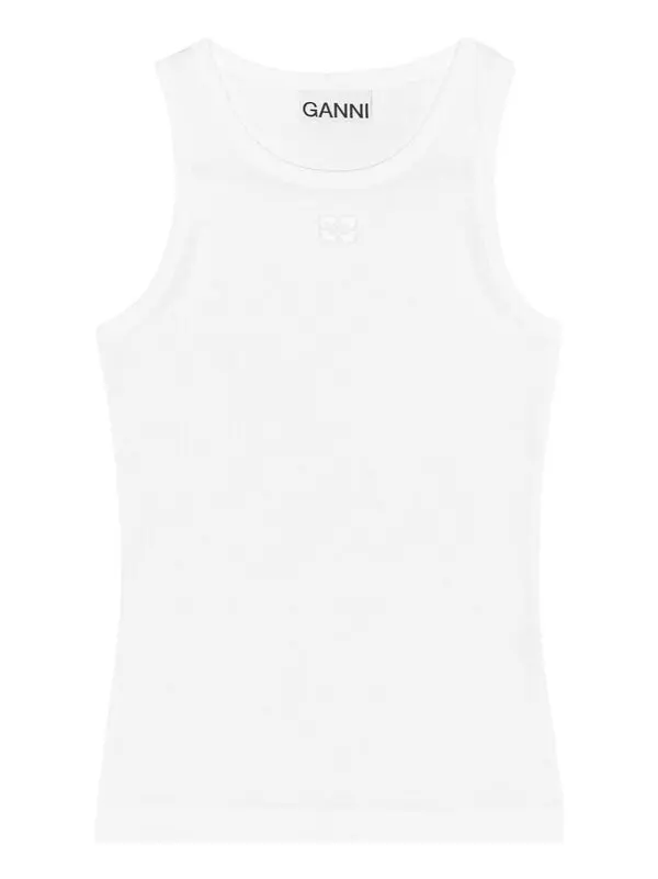 GANNI Logo Embroidered Round Neck Top - White