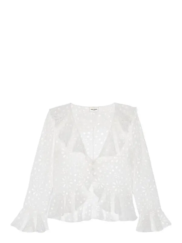 Saint Laurent Embroidered Cut-out Long-sleeved Blouse - Off-white