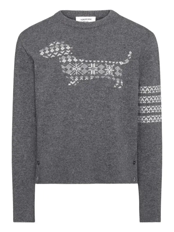 Thom Browne Long Sleeve Crewneck Sweater With Dog Motif - Gray