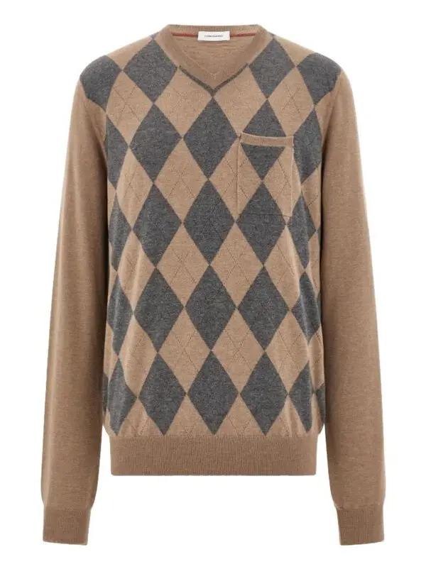 FERRAGAMO V-neck Argyle Jumper - Sand Mixed Color/gray Mixed Color