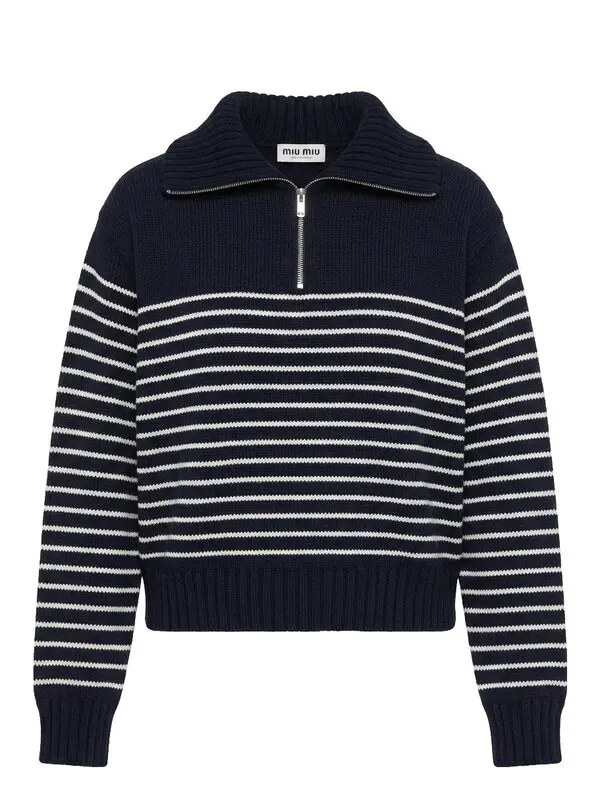 Miu Miu Striped Ribbed Knit Quarter Zip Sweater - Black