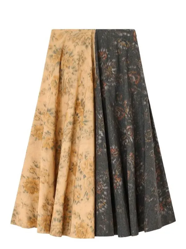 GANNI Floral Printed Flared Midi Skirt - Black And Beige