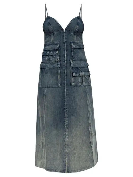 DIESEL® Zip-up Denim Midi Dress With Spaghetti Straps And Raw-edge V-neckline - Gray