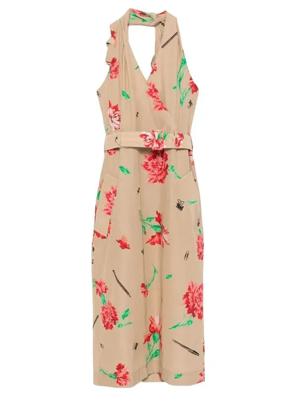 Moschino Sleeveless Floral Printed Belted Dress - Nude