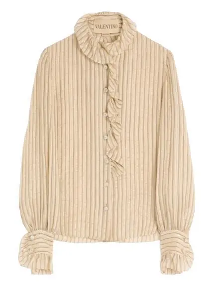 Valentino Garavani Striped Ruffle Detailed Button-up Shirt - Light Beige