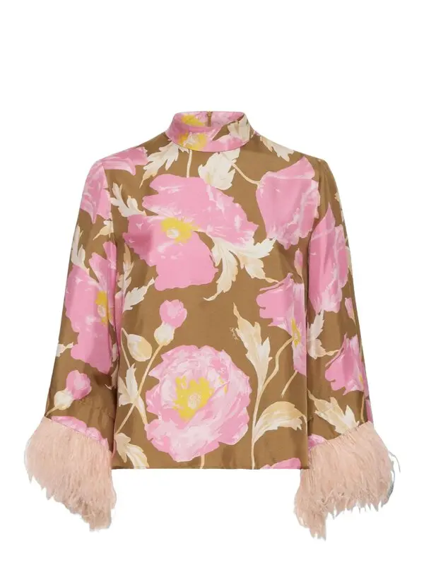 La DoubleJ High Collar Feather Trim Blouse - Pink
