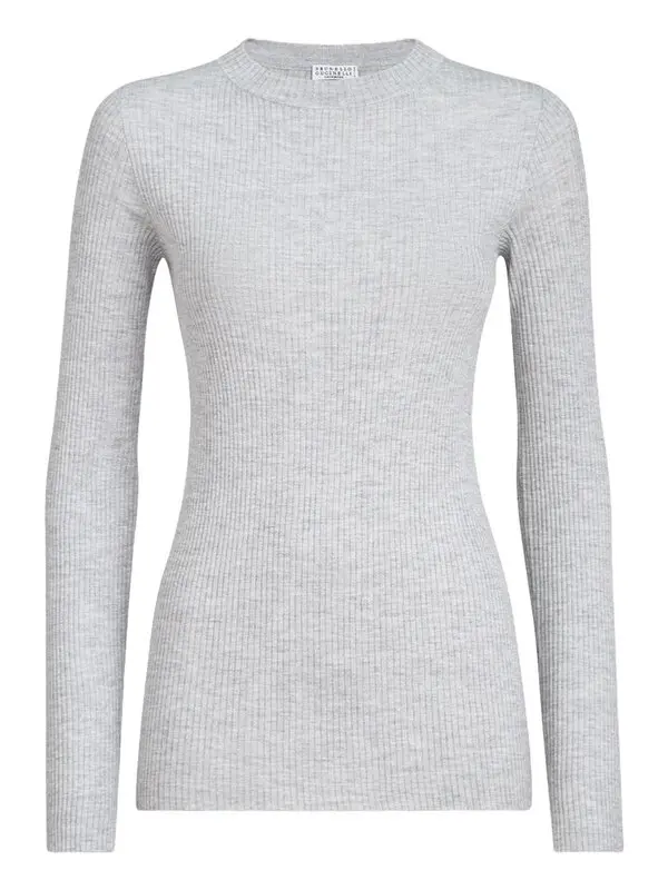 Brunello Cucinelli Ribbed Fitted Knitted Sweater - Light Grey