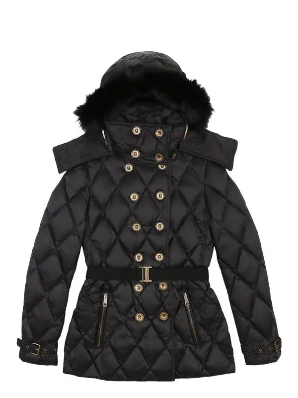 Burberry Quilted Hooded Down Jacket With Fox Fur Trim - Black