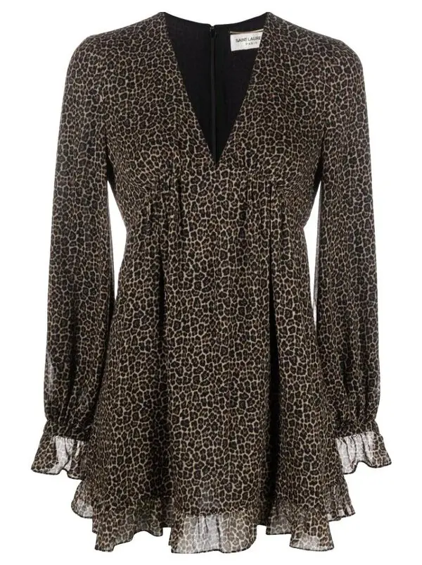 Saint Laurent Leopard Print Long-sleeved Dress - Black