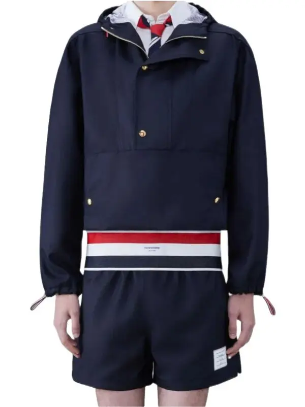 Thom Browne Hooded Jacket With Signature Stripes - Navy Blue