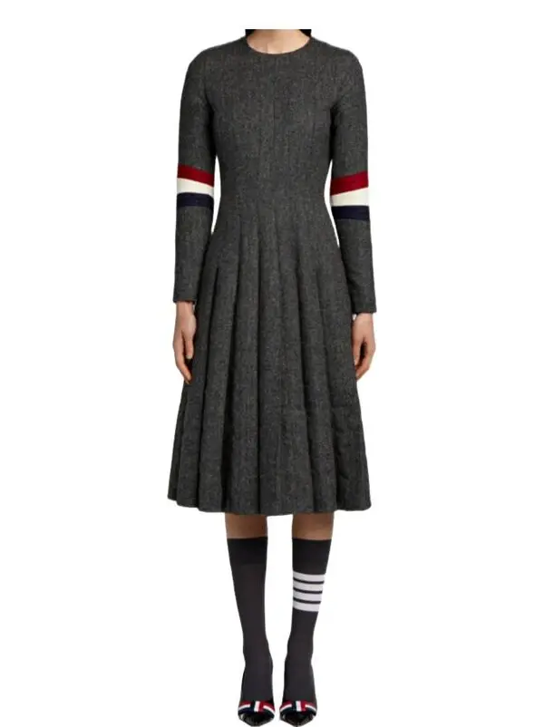 Thom Browne Wool Pleated Midi Dress With Signature Striped Sleeves - Medium Gray