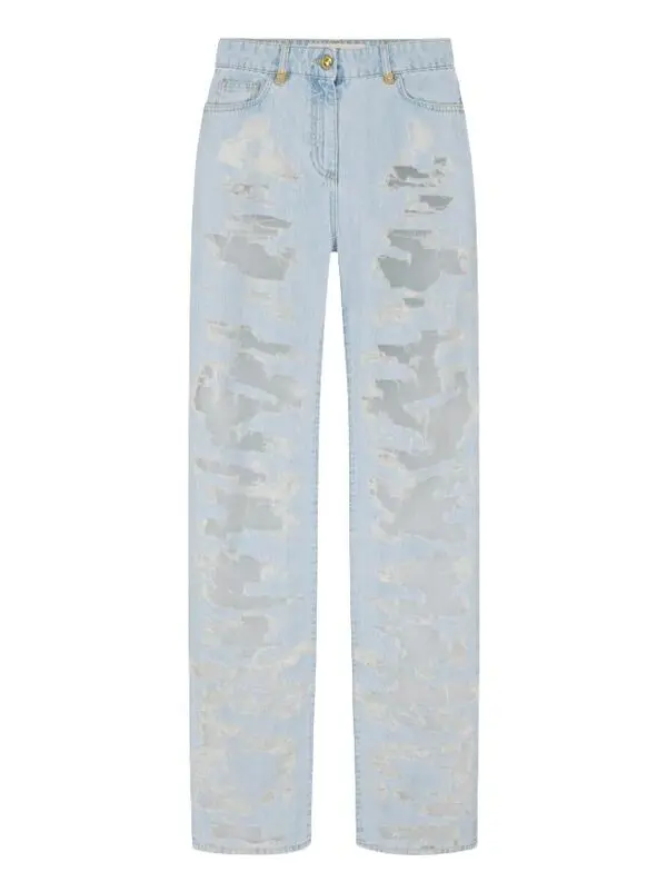 Elisabetta Franchi Organza Detailed Distressed Palazzo Jeans - Destroyed Denim