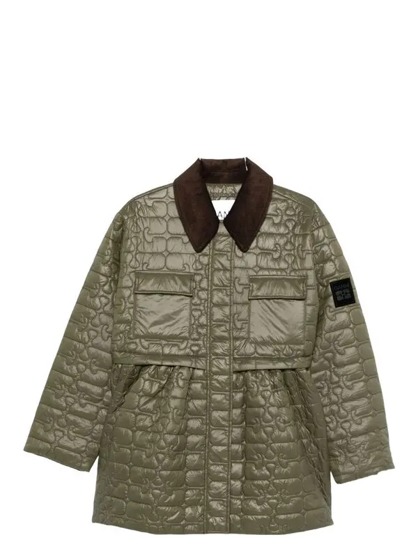GANNI Quilted Midi Jacket With Contrast Collar - Green