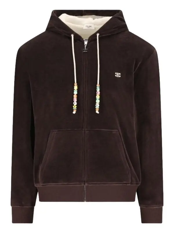 Celine Zipped Hoodie In Velvet Cotton - Brown