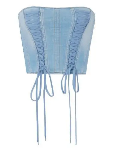 Elisabetta Franchi Denim Bustier Top With Crossover Lacing - Light Blue