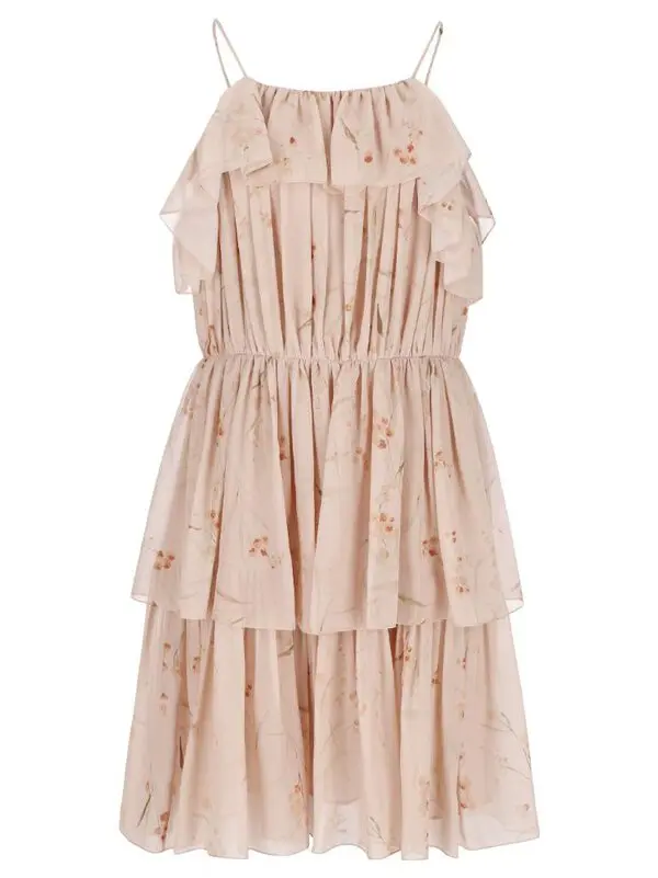 Celine Short Silk Georgette Dress With Mimosa Branch Print - Pink