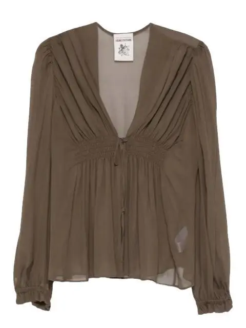 SEMICOUTURE Pleated V-neck Blouse With Tie Detail - Brown