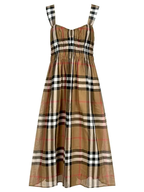 Burberry Shirred Check Cotton Dress - Brown
