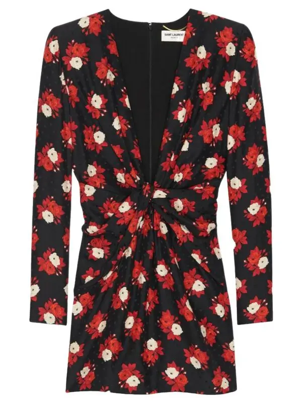 Saint Laurent V-neck Printed Long-sleeved Dress - Black