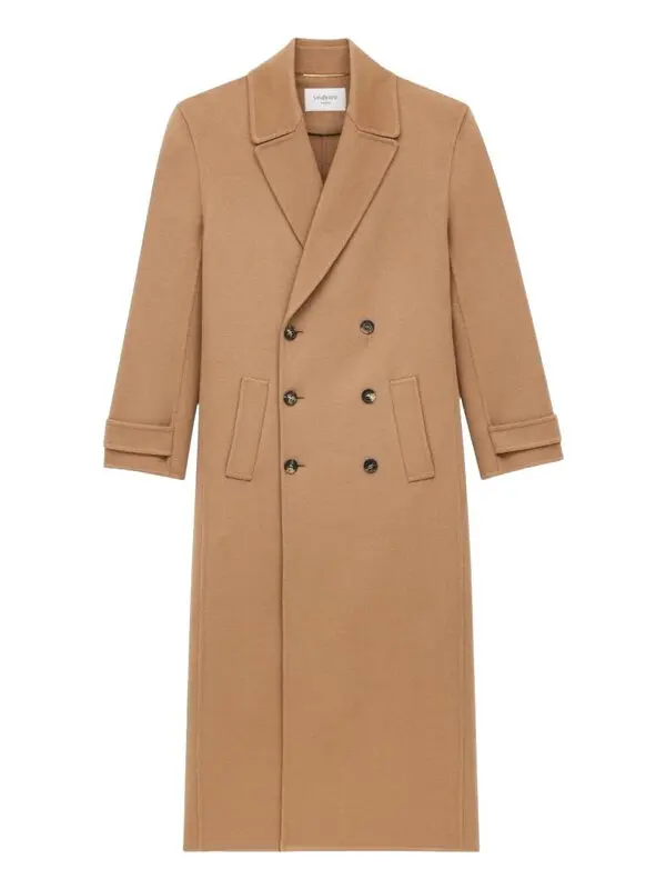 Saint Laurent Double-breasted Long Coat In Certified Cashmere And Wool - Nude
