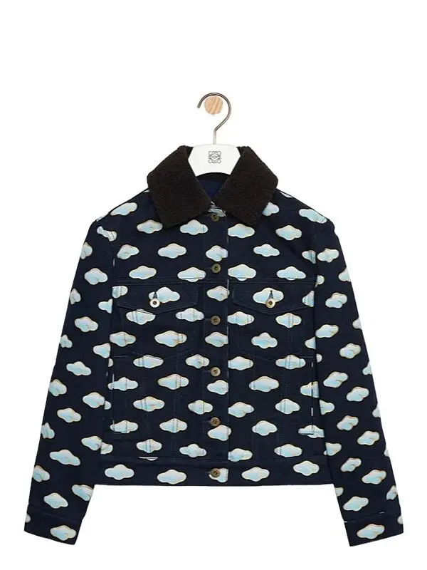 Loewe Denim Jacket With Cloud Print And Fur Collar - Black